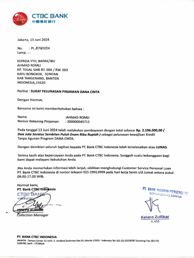 Surat Ket Lunas CTBC a.n Ahmad Romli | PDF