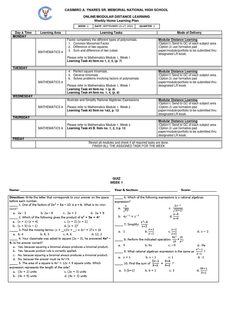 Q1 - Math 8 WHLP Week 1 4 - Quiz | PDF | Cartesian Coordinate System ...