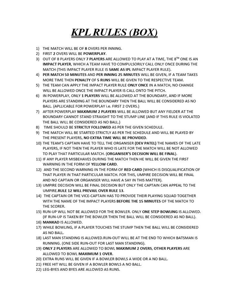 KPL Box Rules | PDF | Bowling (Cricket) | Athletic Sports