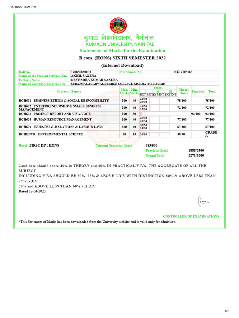 Graduation marksheet | PDF | Business | Educational Stages