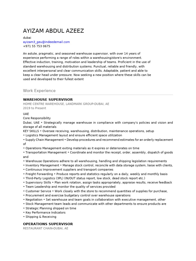 Resume Ay I Zam Abdul A Zeez | PDF | Logistics | Warehouse
