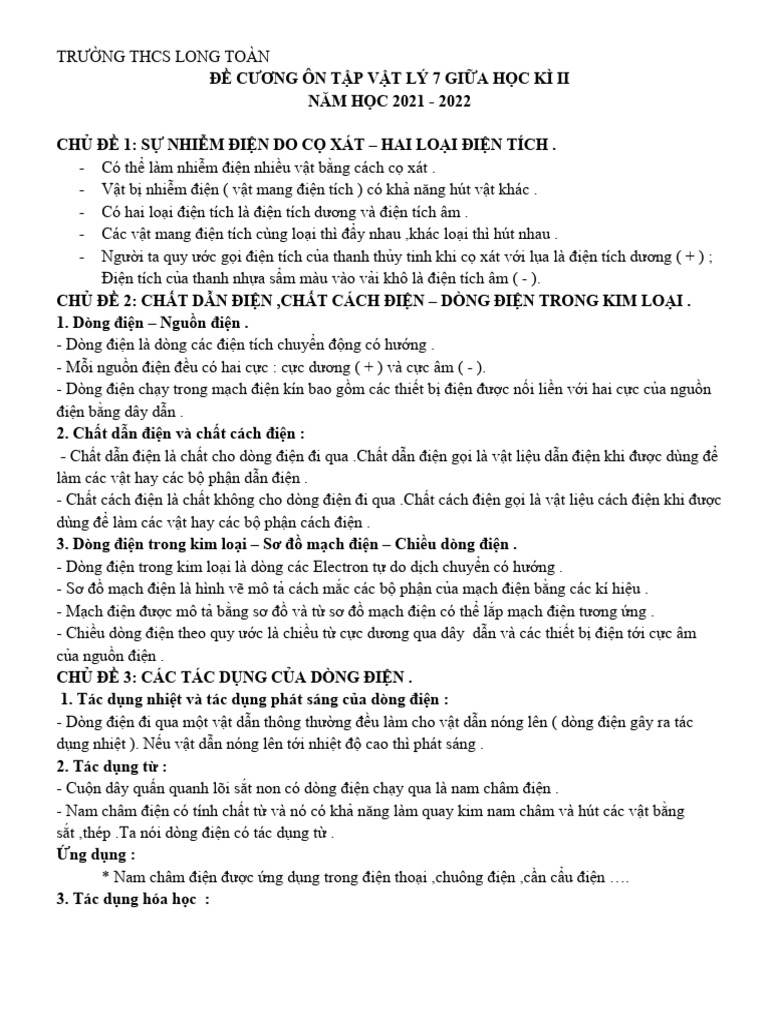 De Cuong On Tap Giua Hoc Ki 2 Mon Vat Ly Lop 7 | PDF