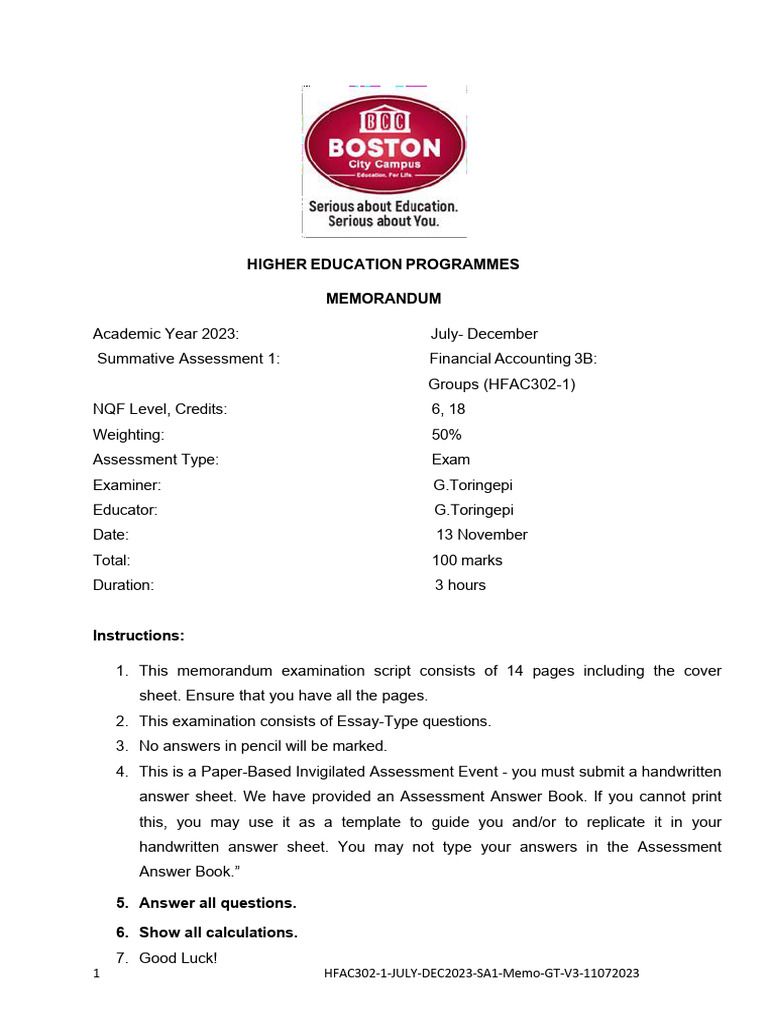 Financial Accounting 3B Exam Memo 2023 | PDF | Debits And Credits ...