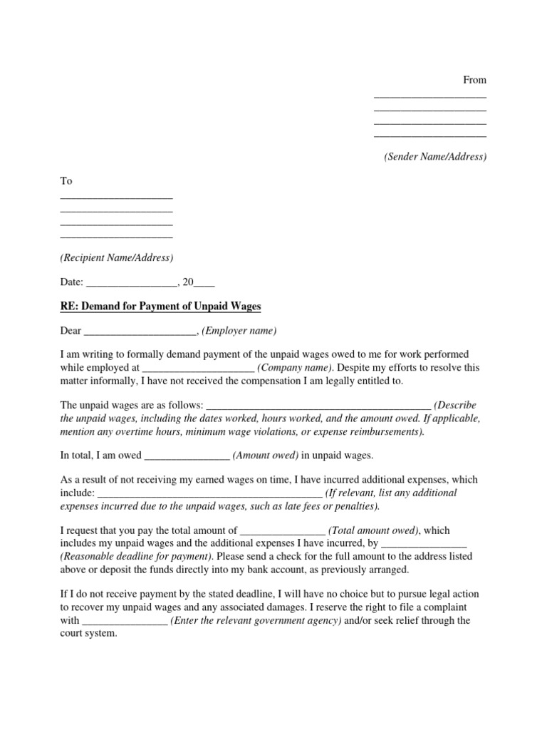 Unpaid Wages Demand Letter Template | PDF