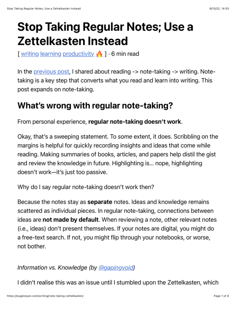 Stop Taking Regular Notes Use A Zettelkasten Instead - Eugene Yan | PDF ...
