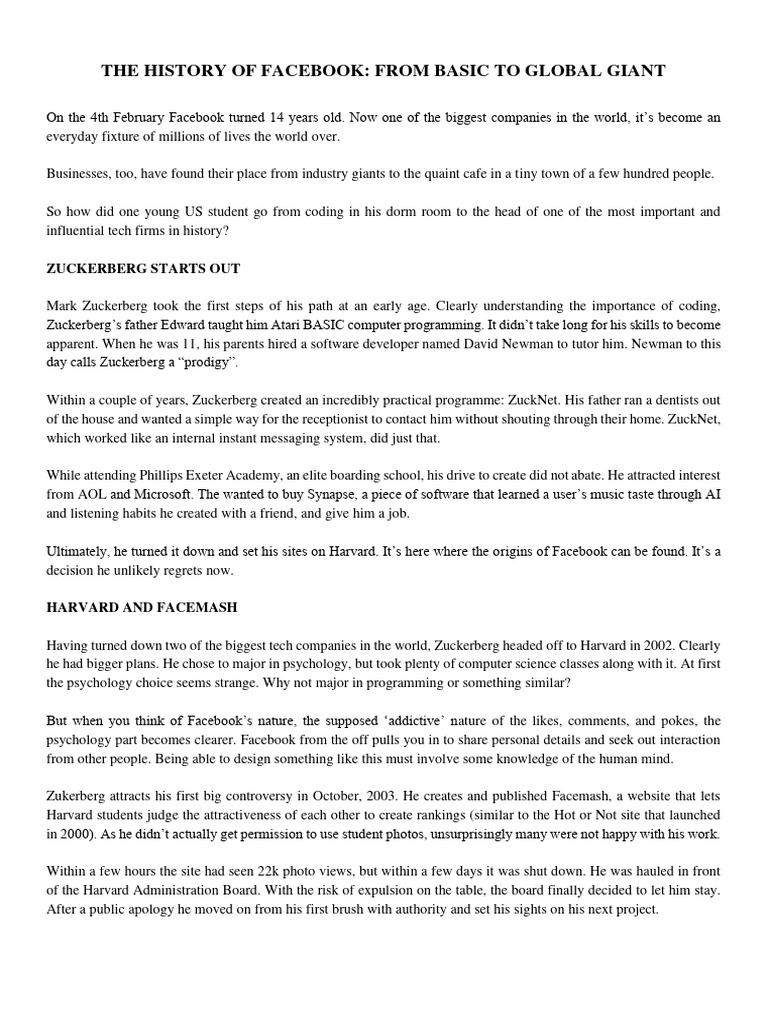 The History of Facebook | PDF | Facebook | Mark Zuckerberg