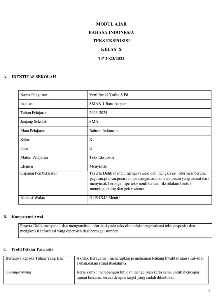 Modul Ajar Teks Eksposisi Kelas X | PDF