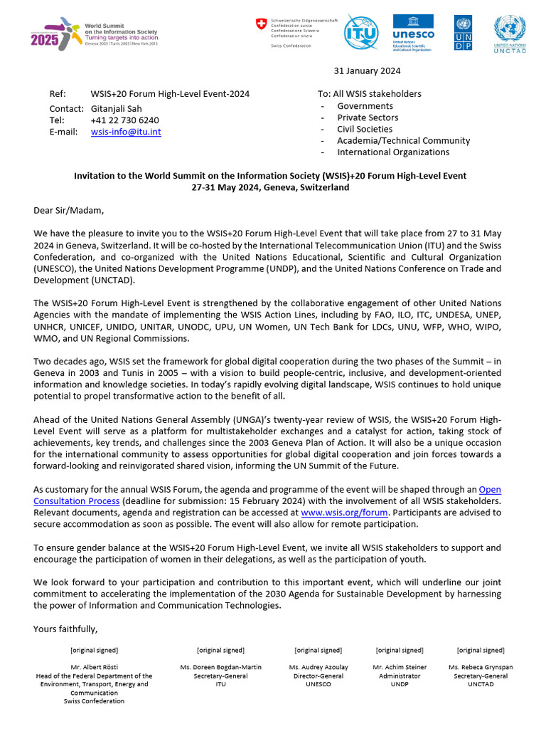 WSIS+20 Forum Invitation: May 2024 | PDF | International Relations ...