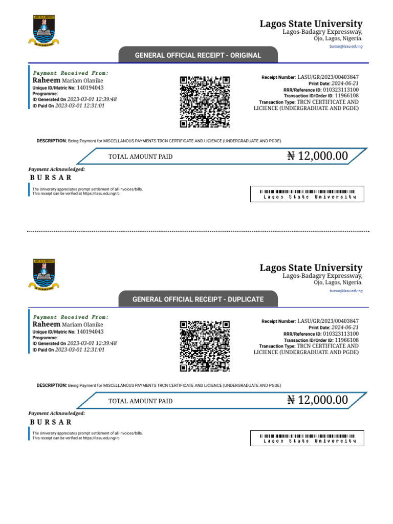 Receipt For Raheem Mariam - Payment For MISCELLANOUS PAYMENTS TRCN CERTIFICATE AND LICIENCE ...