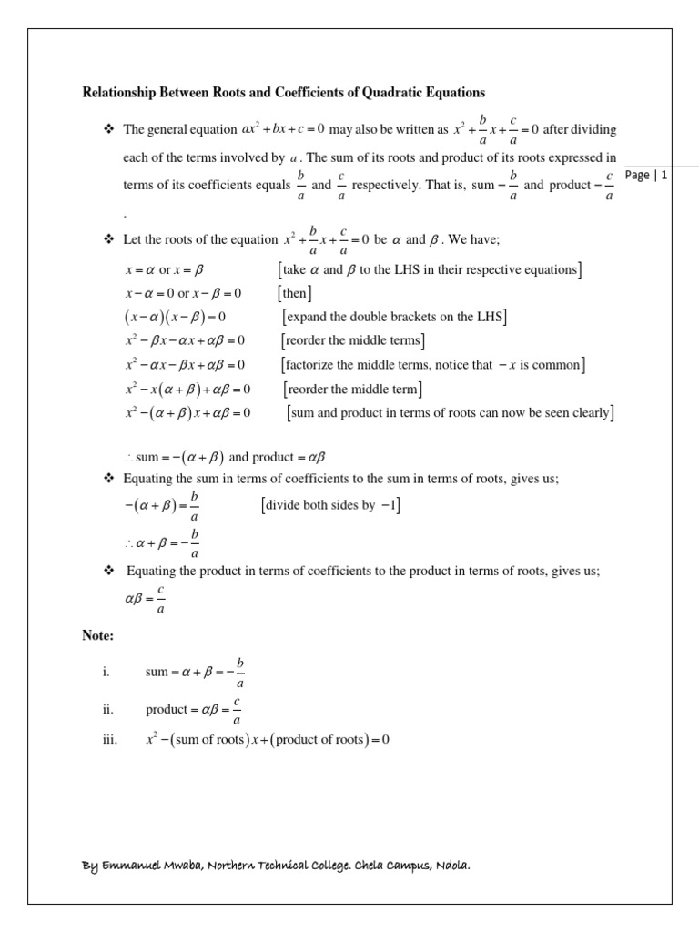Relationship Between Roots And Coefficient Of Quadratic Equation Pdf