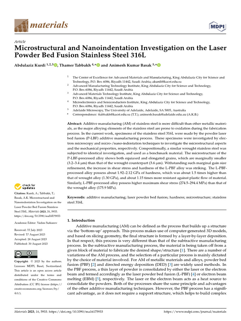 Microstructural and Nanoindentation Investigation On The Laser Powder Bed Fusion Stainless Steel ...