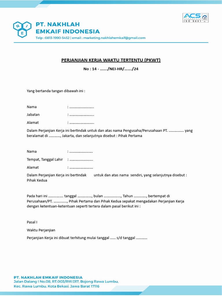 Perjanjian Kerja Waktu Tertentu (PKWT) Ok | PDF
