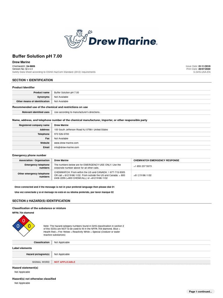 Buffer Solution PH 7.00 - SDS | PDF | Firefighting | Safety