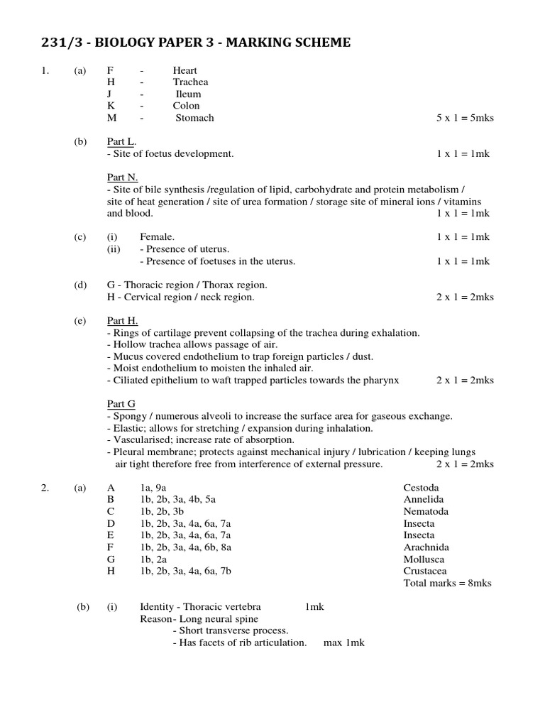 Kcse Biology Paper 3 Form 4 Revision Kit 2023 Model2492017 Marking Scheme | PDF | Lung | Anatomy