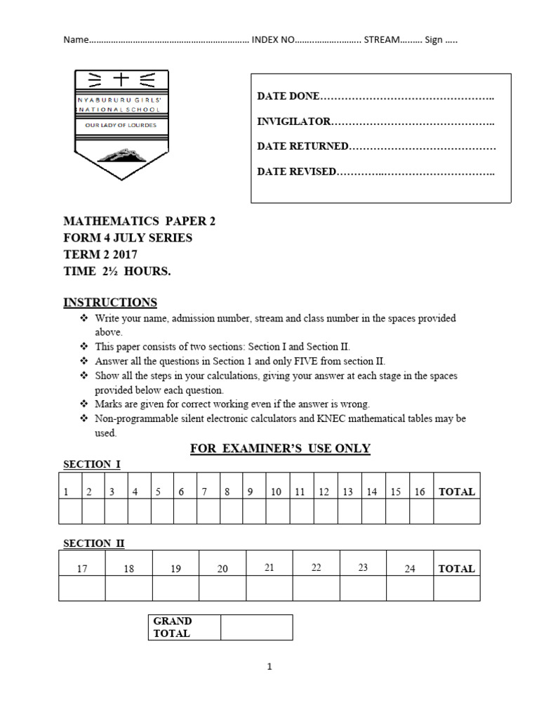 Ex20242901001-Mathematics Form 4 Term 2 Paper 2 Exams | PDF | Area | Taxes