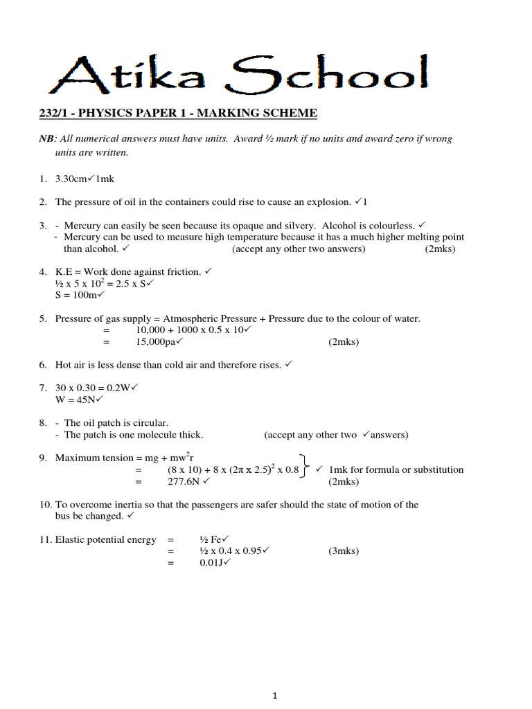 Kcse Physics Paper 1 Form 4 Revision Kit 2023 Model2492017 Marking ...
