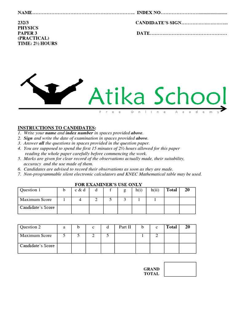 Kcse Physics Paper 3 Form 4 Revision Kit 2023 Model2492017 Questions