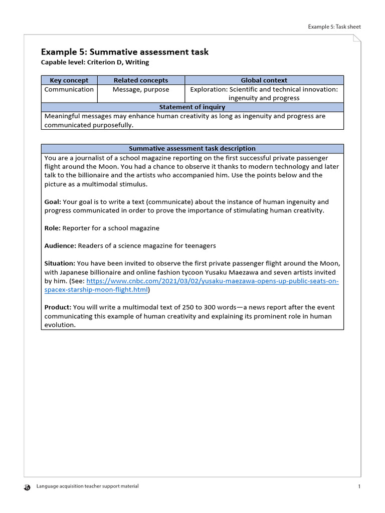 MYP LA Example 5 Task Sheet en | PDF | Art | General Fiction