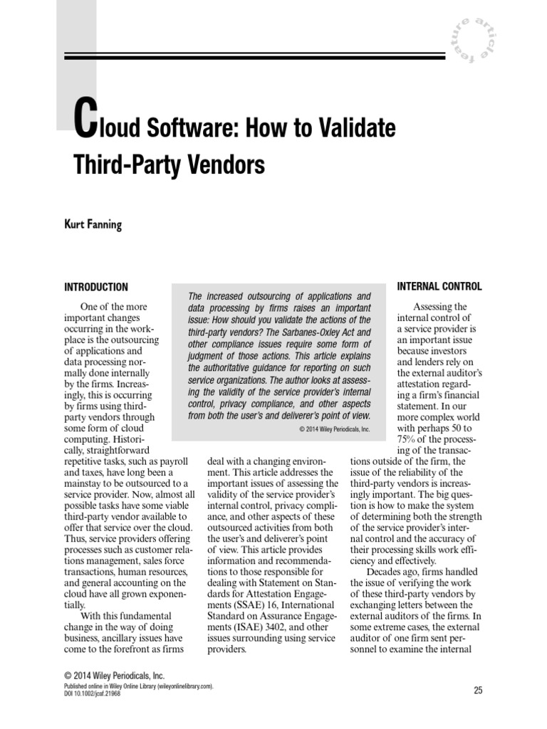 Fanning (2014) - Cloud Software: How To Validate Third Party Vendors ...
