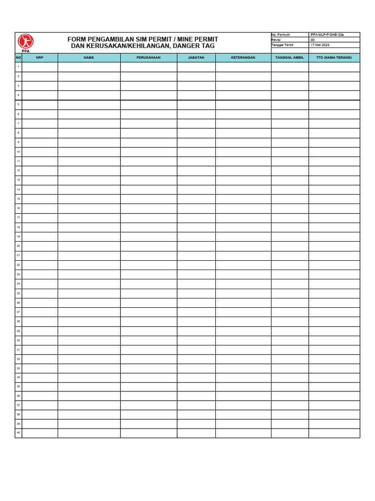 PPA-MLP-F-SHE-33a Form Pengambilan Mine Permit, Simper dan Danger Tag | PDF