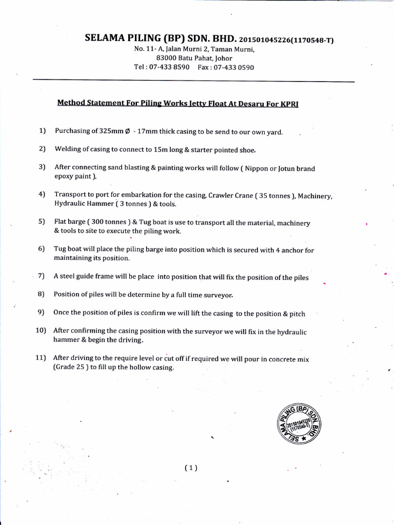 Method Statement For Piling Works at Desaru | PDF | Science & Mathematics
