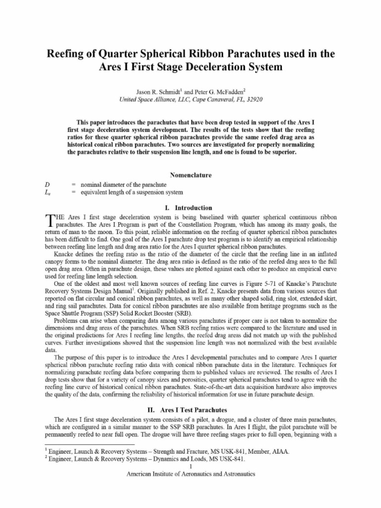 Reefing of Quarter Spherical Ribbon Parachutes Used in The Ares I First ...