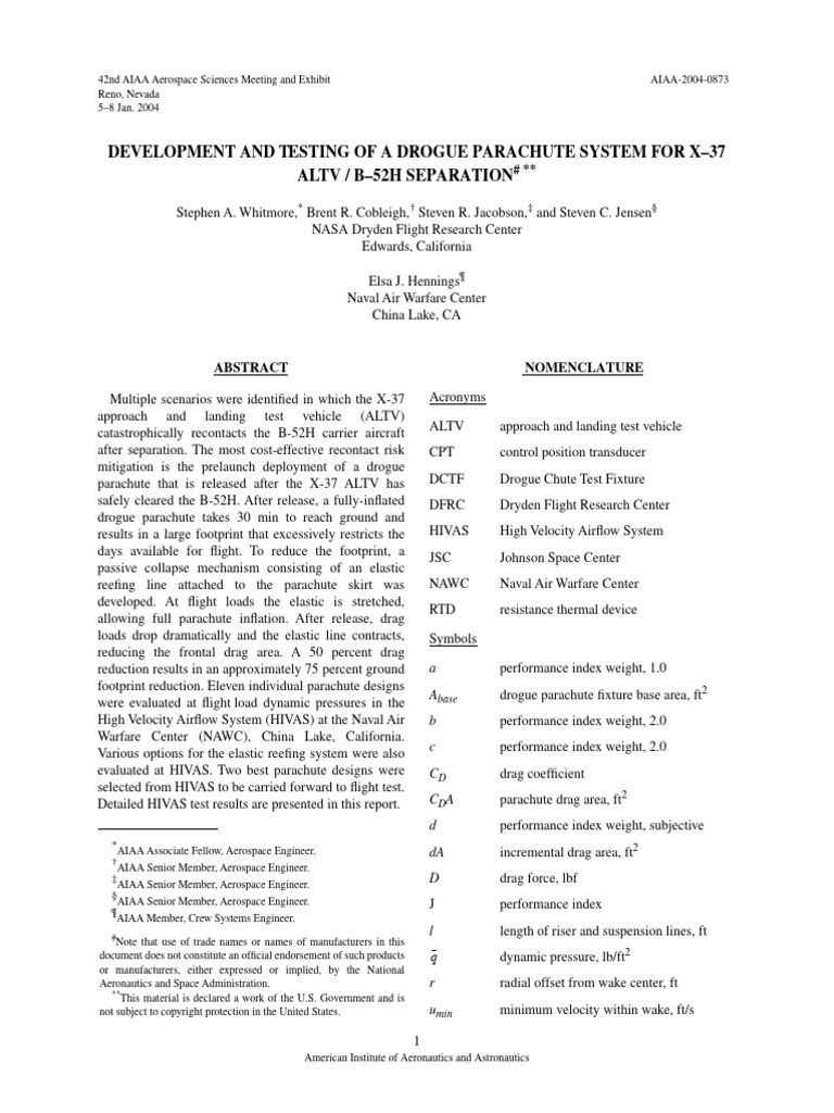 Development and Testing of A Drogue Parachute System For X-37 Altv / B ...