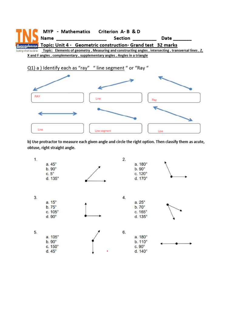 MYP 1 - Grand Test - Unit 4 | PDF | Line (Geometry) | Angle