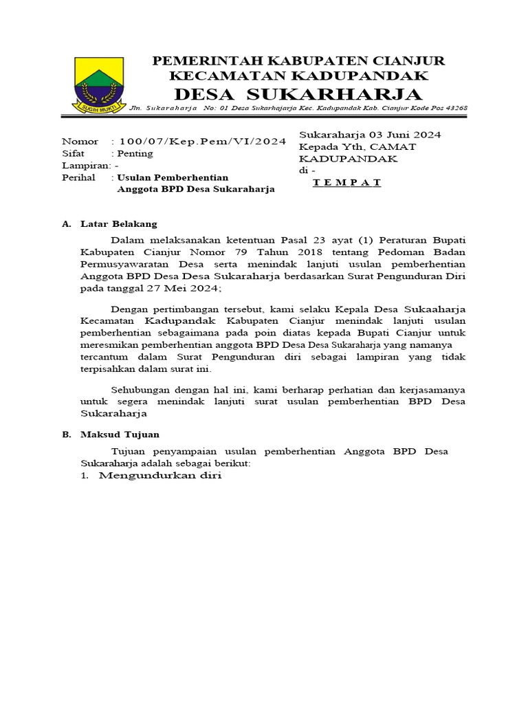 Contoh - Surat Pemberhentian BPD (Kepala Desa) | PDF