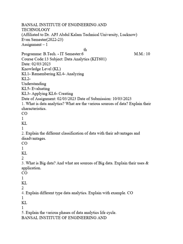 B.Tech IT Data Analytics Assignment | PDF | Support Vector Machine | Statistics