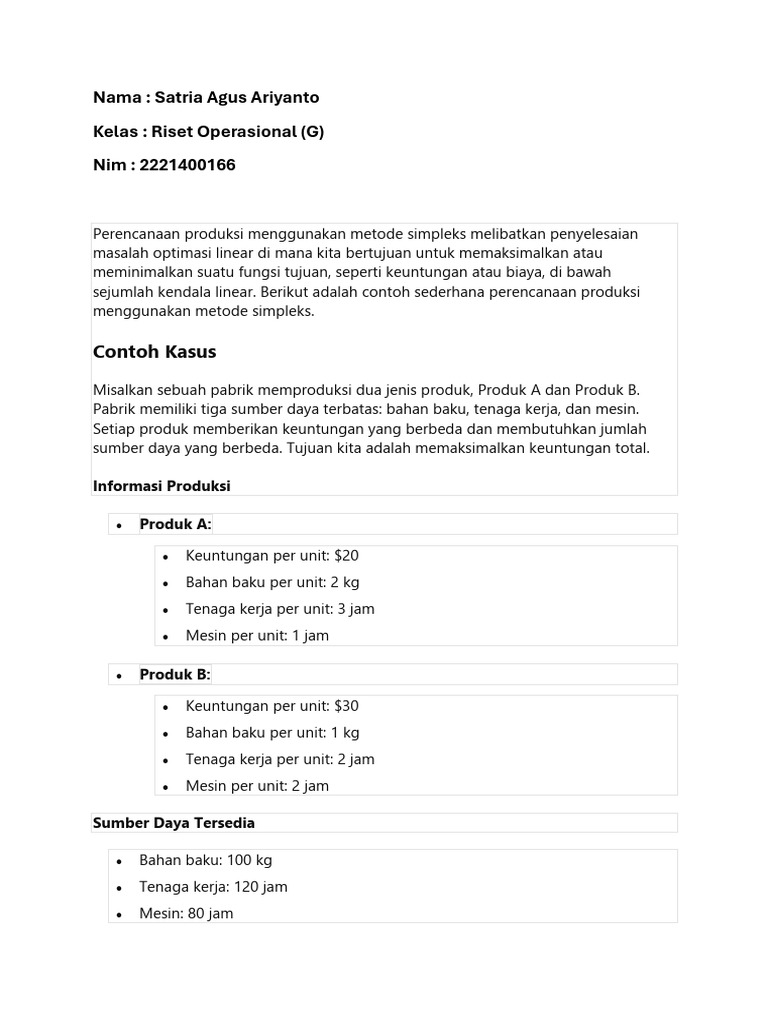 Tugas Riset Operasional Metode Simpleks | PDF | Metode & Bahan Ajar