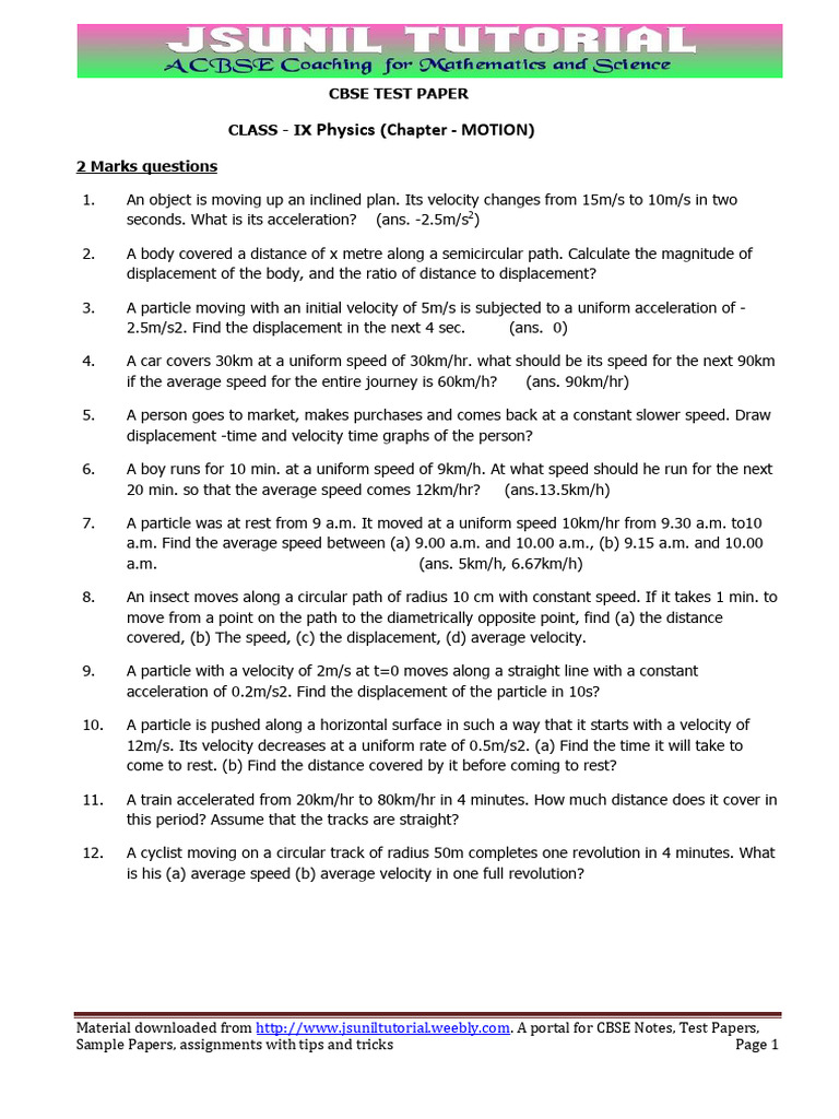 CBSE Class IX Physics Test Paper on Motion | PDF | Speed | Acceleration