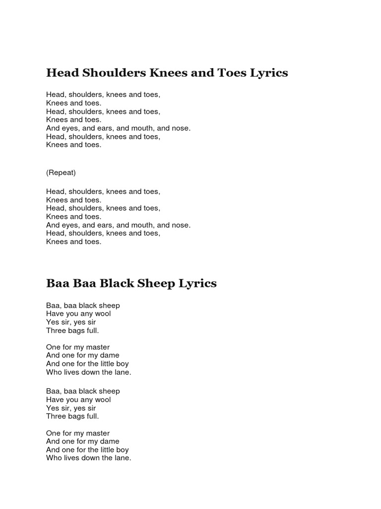 Head Shoulders Knees and Toes Lyrics | PDF