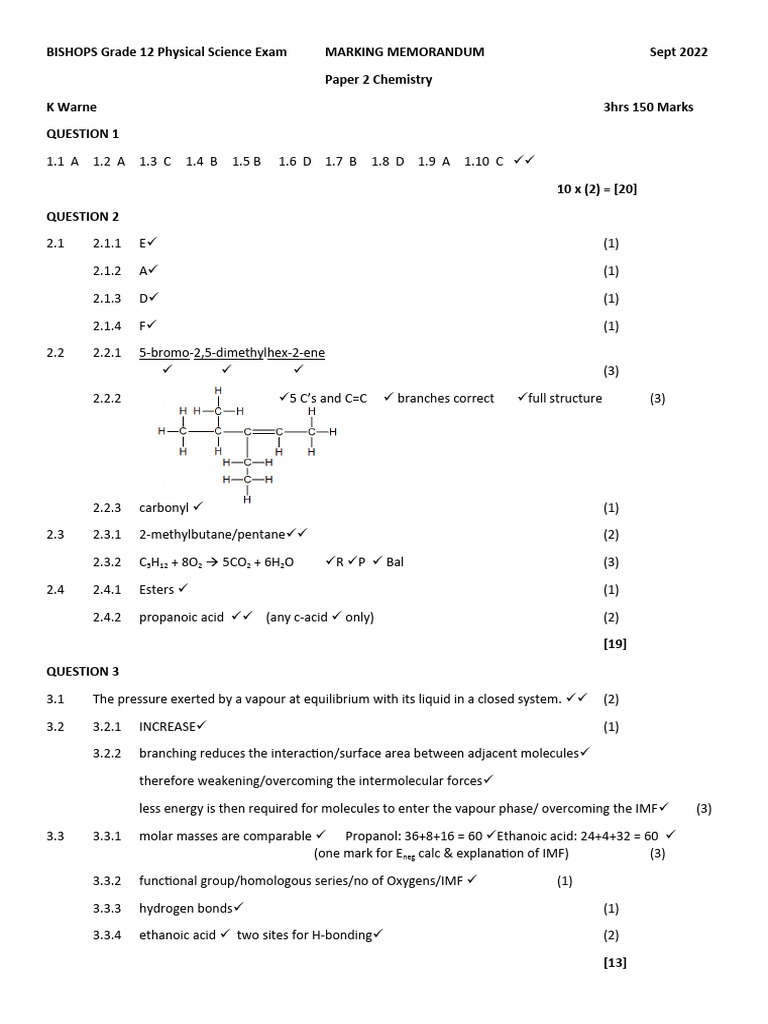 G12 Exam Sept 2022 P2 MEMO | PDF | Reaction Rate | Chemical Reactions