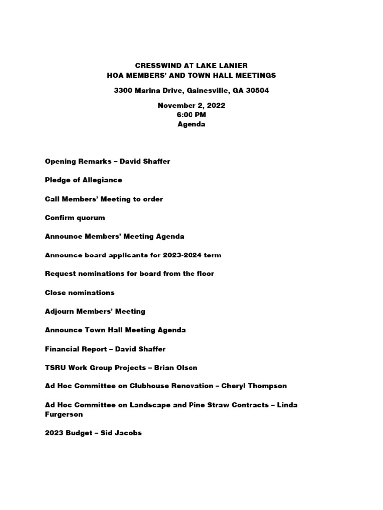 2022 - 11 - 2 Town Hall Meeting Agenda | PDF