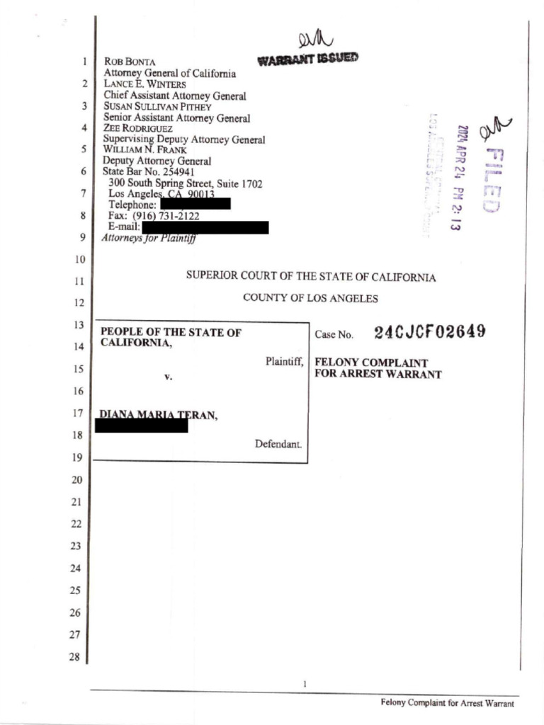 Complaint For Arrest Warrant - Diana Teran - Redacted | PDF