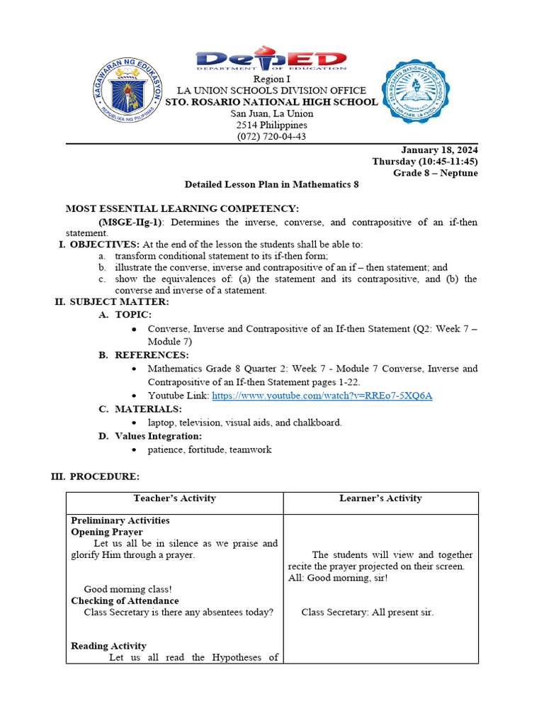 Converse Inverse and Contrapositive CO2 2023 2024 | PDF | Hypothesis | Cognition