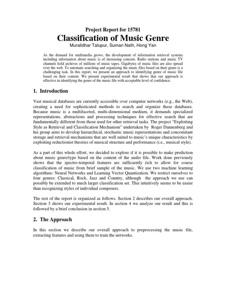 Classification of Music Genre: Project Report For 15781 | PDF | Fast ...