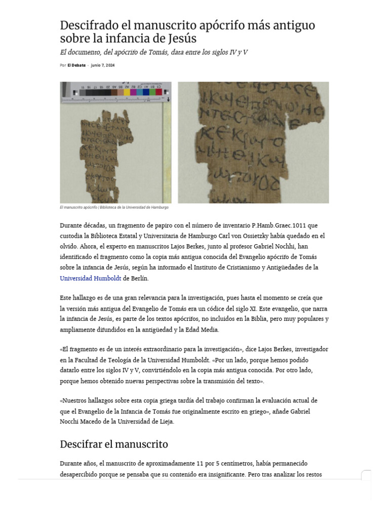Descifrado El Manuscrito Apócrifo Más Antiguo Sobre La Infancia de ...