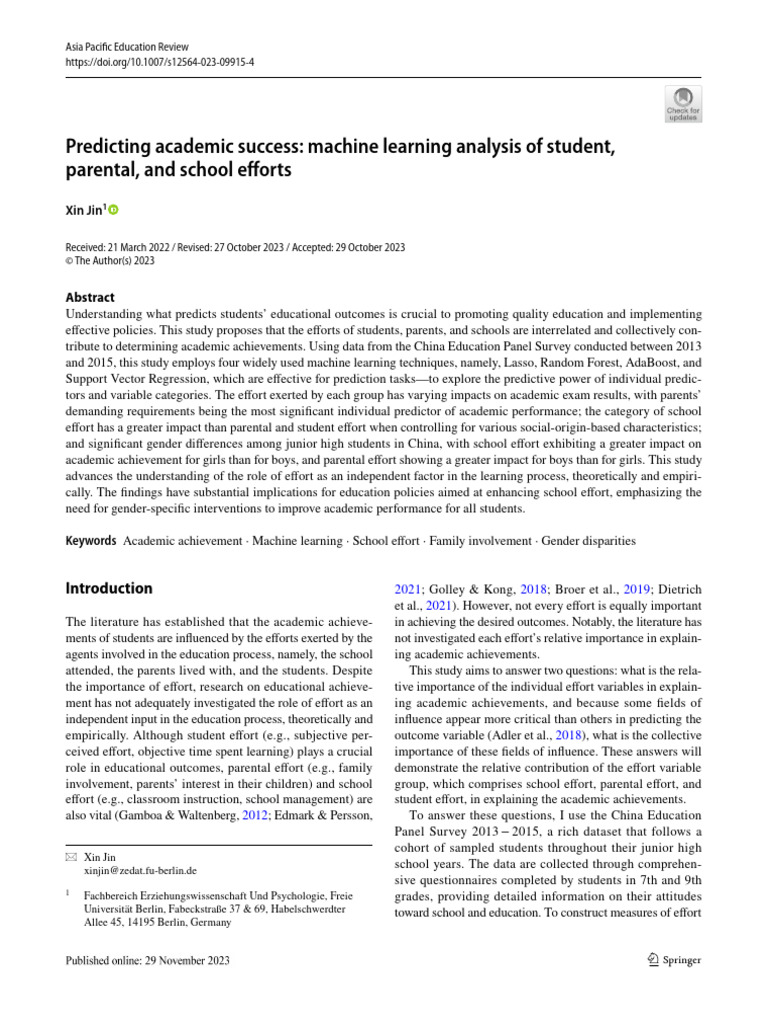 Predicting Academic Success: Machine Learning Analysis of Student, Parental, and School Efforts ...