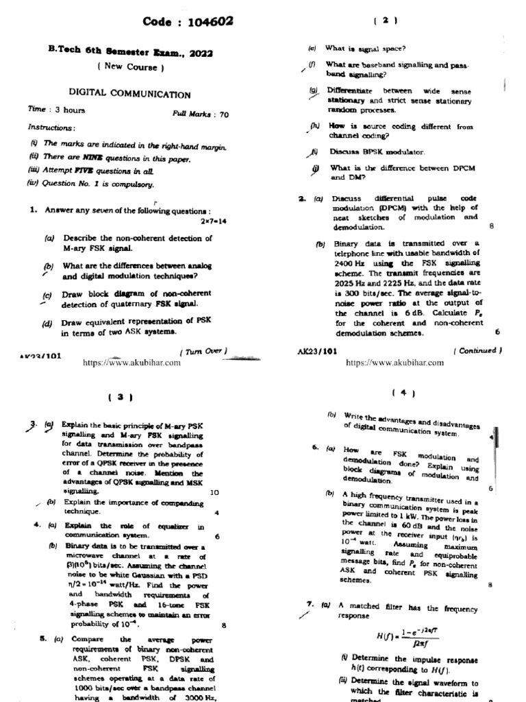 Btech Ece 6 Sem Digital Communication 104602 2022 | PDF