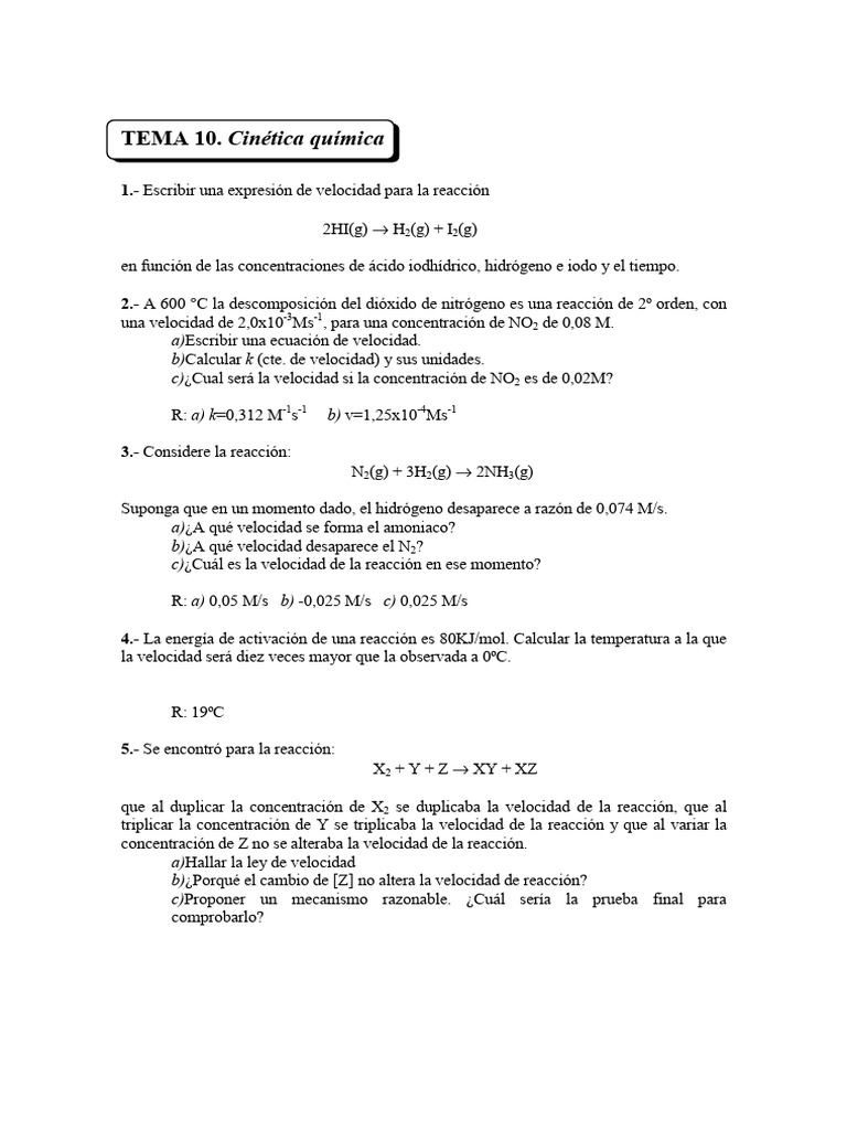 Ejercicios Cinética-TEMA 10 | PDF | Cantidades fisicas | Ingeniería Química