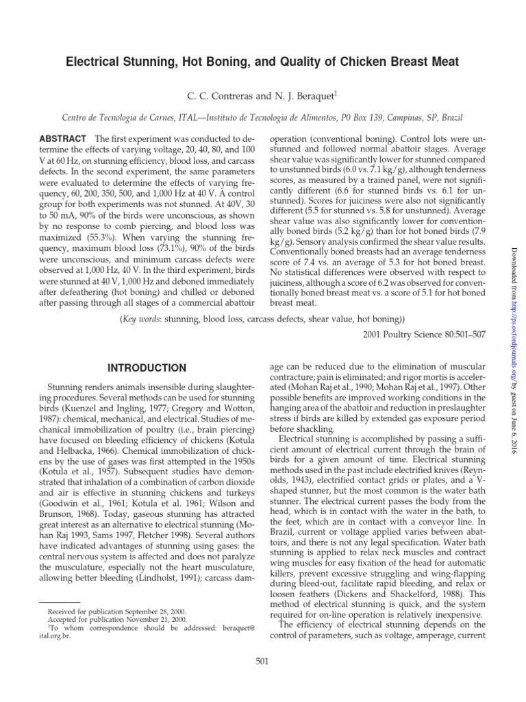 2001-Electrical Stunning, Hot Boning and Quality of Chicken Breast Meat ...