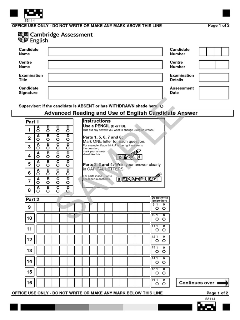 C1 Advanced, Reading and Use of English, Sample Answer Sheet | PDF