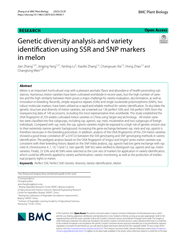 Genetic Diversity Analysis and Variety Identification Using SSR and SNP Markers in Melon | PDF ...