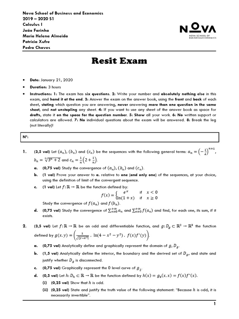 Calculus I Resit Exam 2019-2020 | PDF | Limit (Mathematics) | Function ...