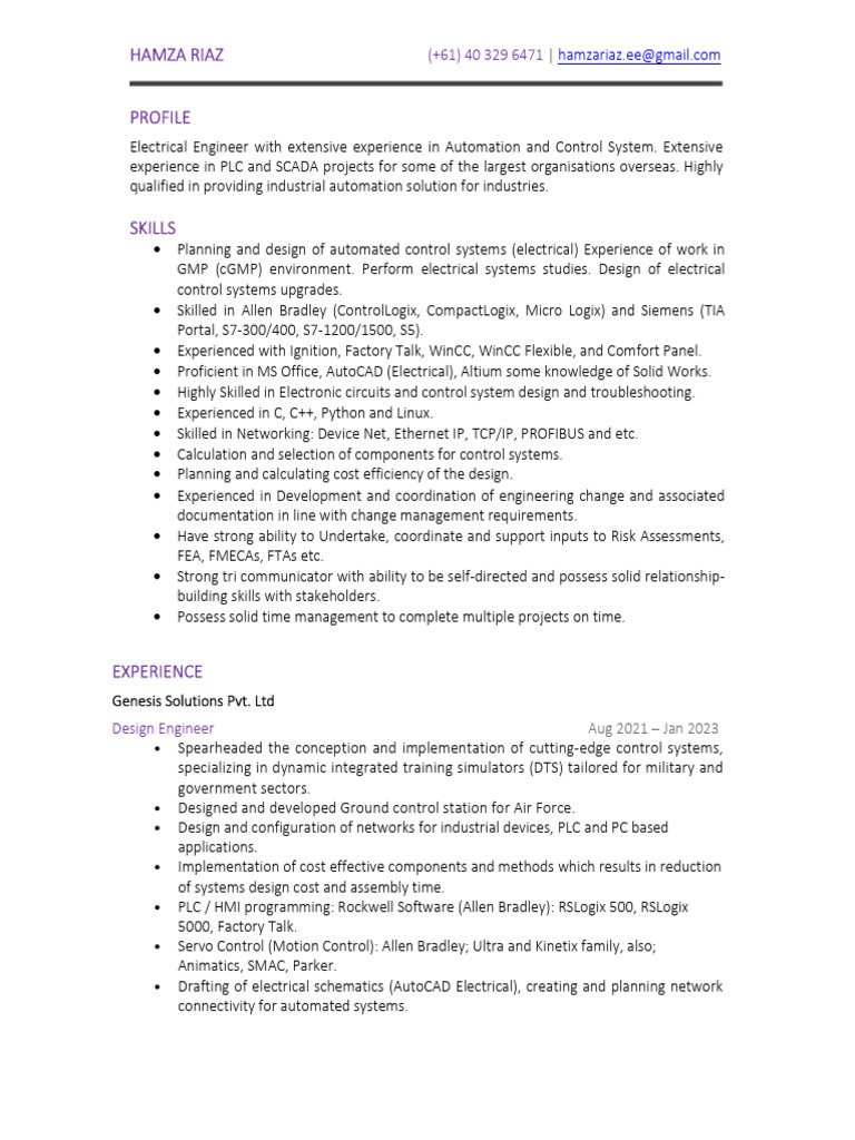 Hamza Resume | PDF | Programmable Logic Controller | Automation