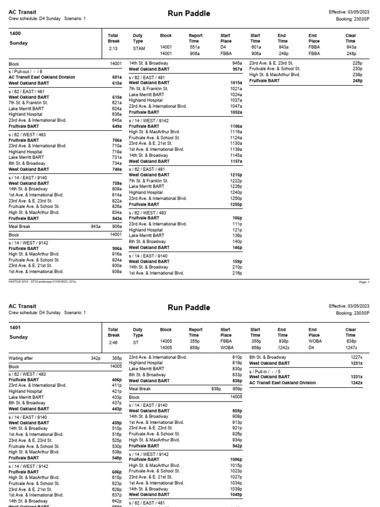 AC Transit D4 Sunday Crew Schedule | PDF | Oakland | Bay Area Rapid Transit