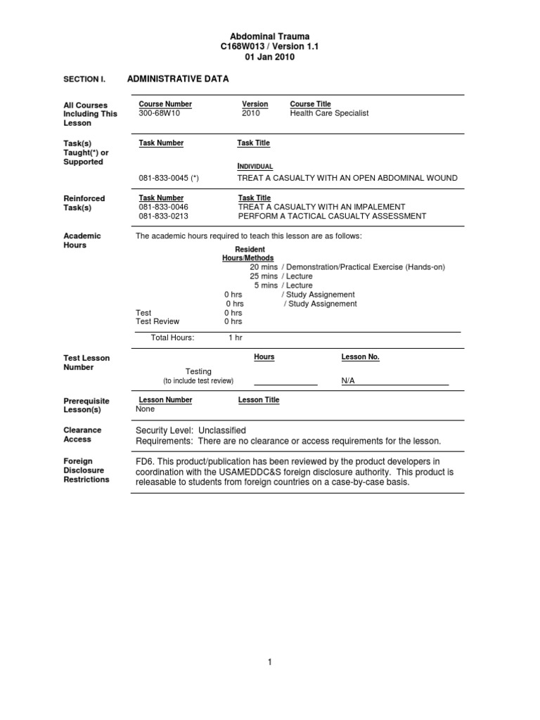 Abdominal Trauma - Lesson Plan Final - C168W013 VR 1.1 | PDF | Major ...