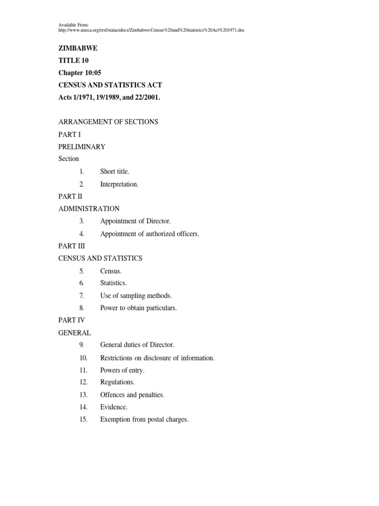 Zimbabwe Title 10 Census and Statistics Act Acts 1/1971, 19/1989, and ...